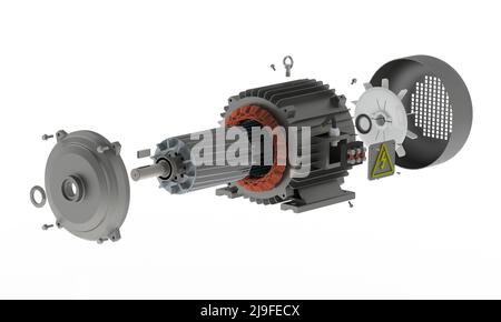 Electric motor, exploded view 3D illustration isolated on white ...