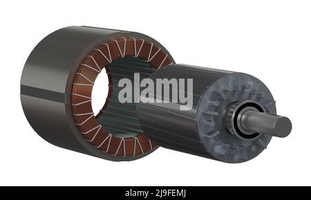Stator and Rotor exploded view presentation for electric motor,3d illustration isolated on white ...