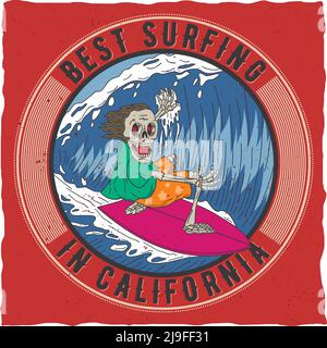 Skeleton surfer on the surf board ride the wave. Vector illustration ...
