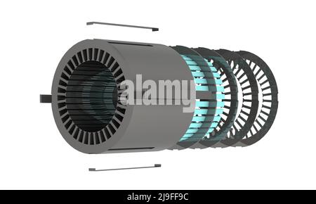 Electric motor, exploded view 3D rendering isolated on white background ...