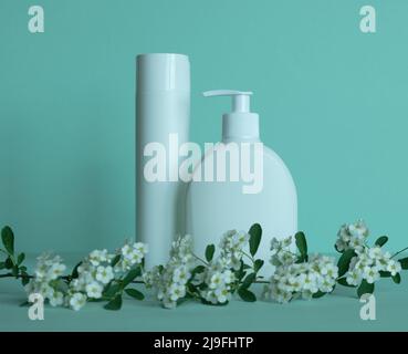 Bottles for cosmetic products without a label. Facial skin care concept ...