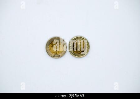 Front and back view of a 1 Turkish Lira Coin on a yellow background ...