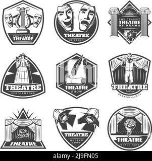 Vintage monochrome theatre labels set with theatrical performance ...
