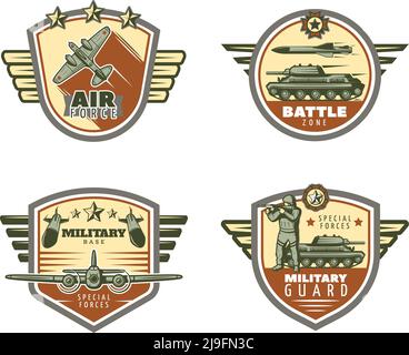 Colored vintage military emblems set with jet tank missiles weapons ...