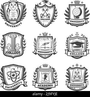 Vintage university and academy elements set with educational objects ...