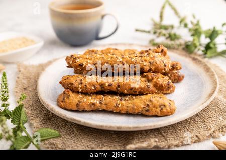 A selective focus of a beige napkin with decorative elements on the ...