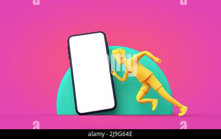Fitness running app concept. 3d Rendering. Cartoon character.male ...
