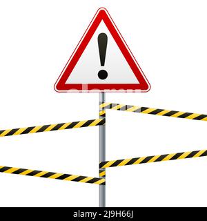 Warning sign on pole and warning bands. Sign of radiation hazards ...