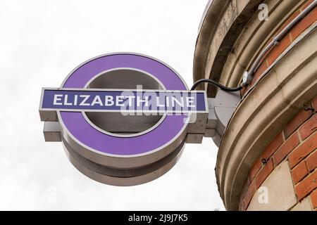 Elizabeth Line TFL Roundel sign at the entrance to the Elizabeth Line ...