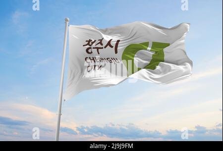 official flag of Cheongju city, South Korea at cloudy sky background on ...