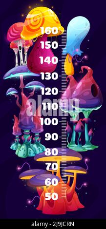 Kids height chart, fantastic fairy magic mushrooms. Vector wall growth ...