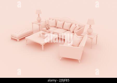 Light pink interior living room composed of sofa and table. Flat style ...