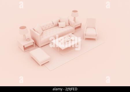 Light pink interior living room composed of sofa and table. Flat style ...