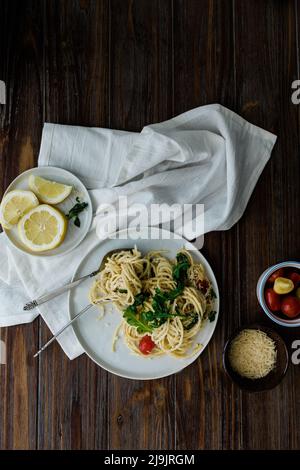 Table setting of Cooking ingredients with utensils Stock Photo - Alamy