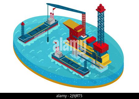 Isometric water oil platform concept with trucks and ships for ...