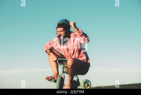 Funny bicycle rider. Comic man ride bike. Funny biker. Guy riding a ...