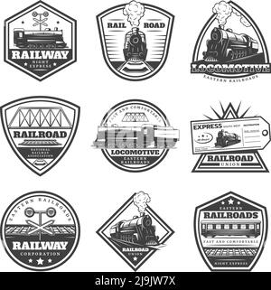 Vintage monochrome locomotive labels set with inscriptions train ...