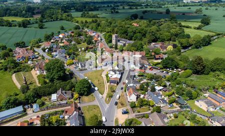 An aerial panoramic view of the village of Haughley in Suffolk, UK ...