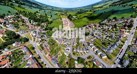 An aerial panoramic view of the village of Haughley in Suffolk, UK ...