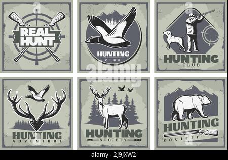 Six square hunting posters set with retro style images of wild nature ...