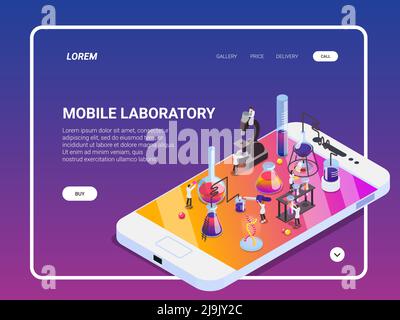 Science isometric landing page web site design background with conceptual images clickable links ...