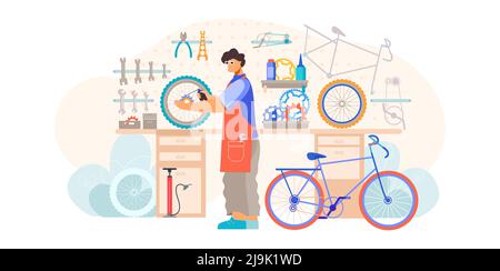 Bicycle repair mechanic shop with toolkit equipment and 2 cyclists with ...