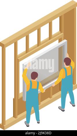 Modular frame building isometric composition with building truck with ...