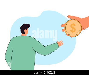 Cartoon man reaching for gold coin in big hand Stock Vector Image & Art ...