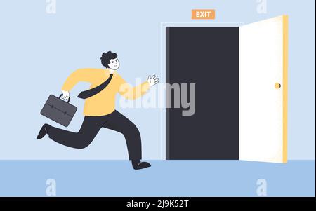 Cartoon office worker escaping through open door. Businessman running ...