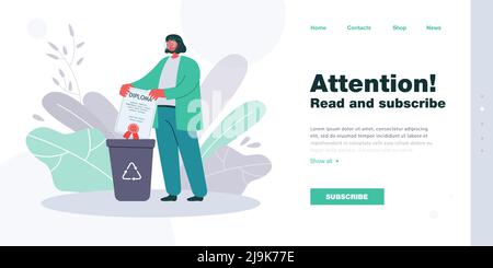 Sad female graduate throwing diploma into recycle bin. Girl putting ...