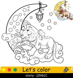 Cute sleeping cat and moon coloring page. Fantasy coloring book Stock ...