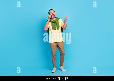 Full size photo of positive nice person hold use telephone isolated on ...