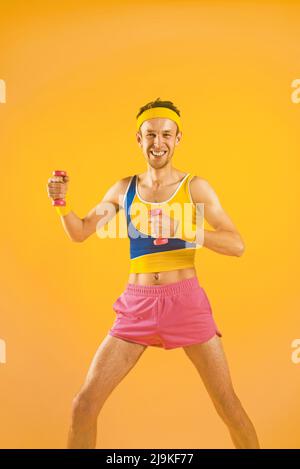 Crazy guy in funny clothes shoots himself on an old video camera Stock ...