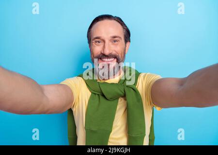 Photo of positive nice man take selfie toothy smile arm fingers show v ...