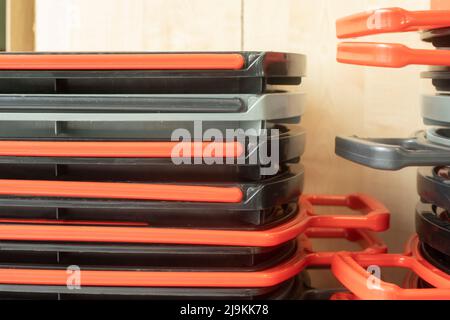 Shopping carts. Supermarket details. Stack of baskets Stock Photo - Alamy
