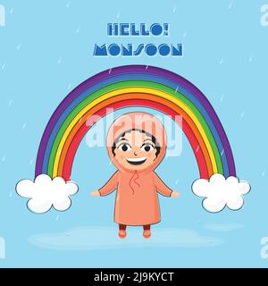 Funny rainbow and rainy clouds, cartoon characters. Vector colorful ...
