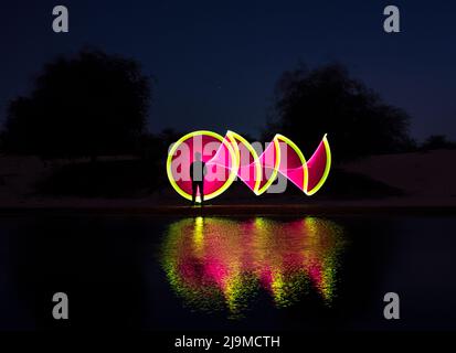 Painting LED light in the dark with long exposure shot Stock Photo - Alamy