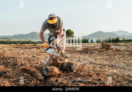 The process of starting a chainsaw. A male worker pulls the starting ...