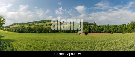 Spring landscape of the Auvergne mountains in the Cantal department of ...