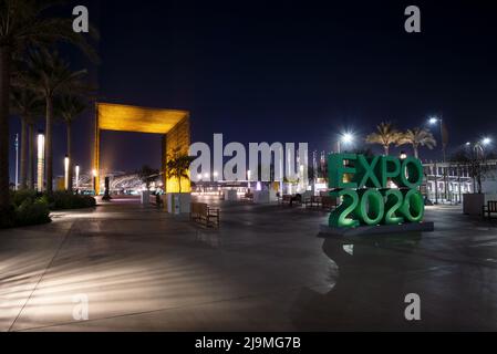 A night view of the entrance gate to the Sustainability Pavilion at the ...