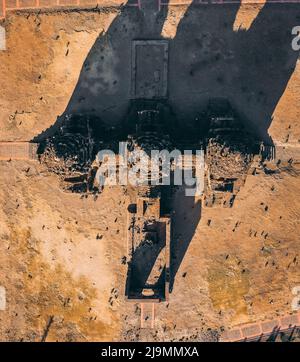 Aerial view of Pra Prang Sam Yod or Phra Prang Sam Yot ruin temple with ...