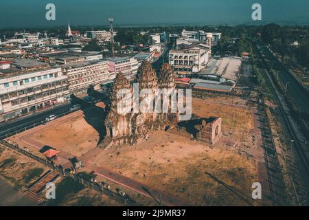Aerial view of Pra Prang Sam Yod or Phra Prang Sam Yot ruin temple with ...