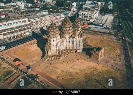 Aerial view of Pra Prang Sam Yod or Phra Prang Sam Yot ruin temple with ...