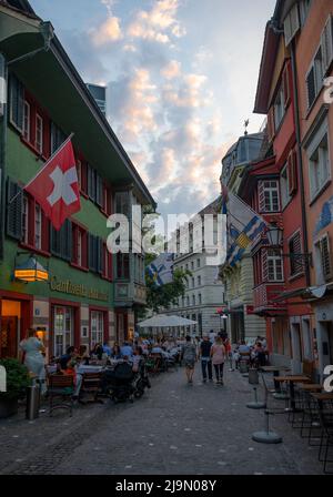 Picturesque view of Augustinergasse in Zurich with colorful medieval ...