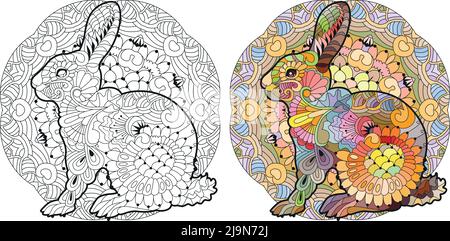 Spring rabbit on mandala. Coloring page for adult and children. Easter ...