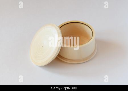 Round wooden casket mock up on white background Stock Photo - Alamy