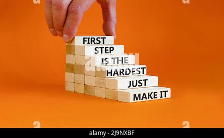 Make first step symbol. Wooden blocks with words First step is the ...