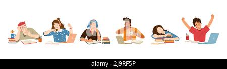 People study hard, tired young woman student vector illustration ...