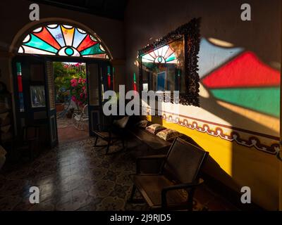 Cuba, Remedios, stained glass window in Casa Particular, Spanish ...