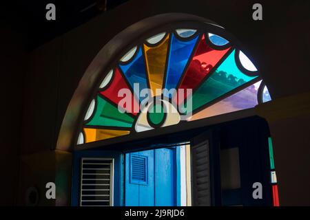 Cuba, Remedios, stained glass window in Casa Particular, Spanish ...